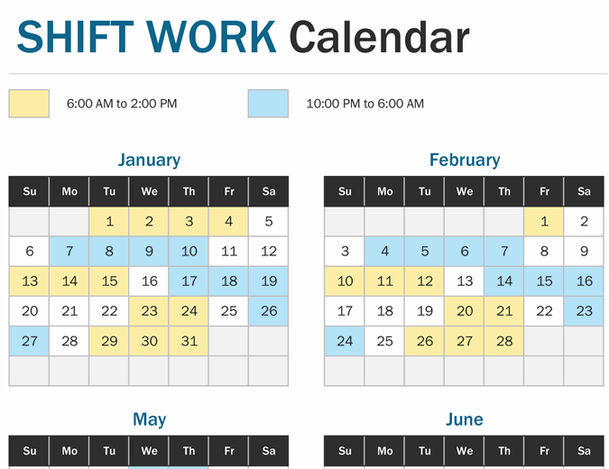 Shift Work Calendar Year At A Glance