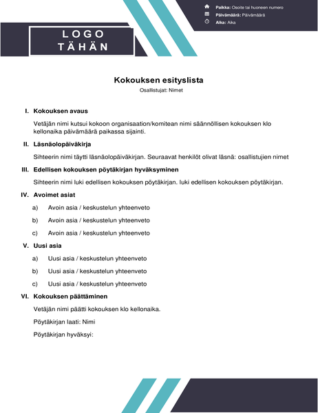 Kokouksen esityslista