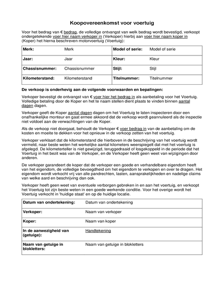 Verkoopovereenkomst Tweedehandsvoertuig Model