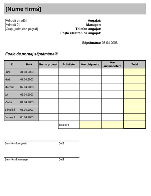 Fișă de pontaj pentru angajați