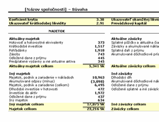 Súvaha s ukazovateľmi a prevádzkovým kapitálom